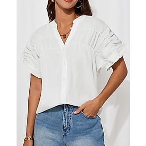 Womens Summer White Top 2025 Fashion V Neck Short Ruffle Sleeve Pleated Blouse Button Down Shirt Ivory 2XL