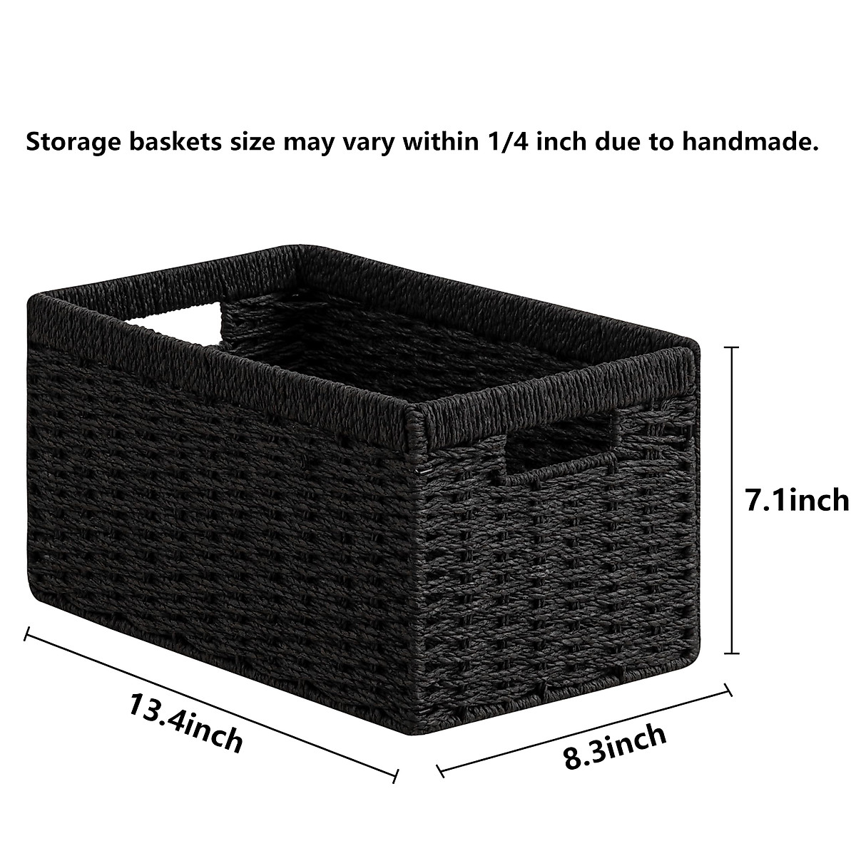 UBBCARE 2 Pack Wicker Basket, 13.4L×8.3H×7.1W inch Woven Paper Rope Storage Baskets for shelves, Foldable Rectangular Storage Baskets with Handle, Storage Basket for Organizing, Black