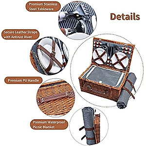 Picnic Baskets for 4 Persons Retro Classic Willow Hamper Set with Waterproof Blanket for Camping &Outdoor Party (Retro Style)