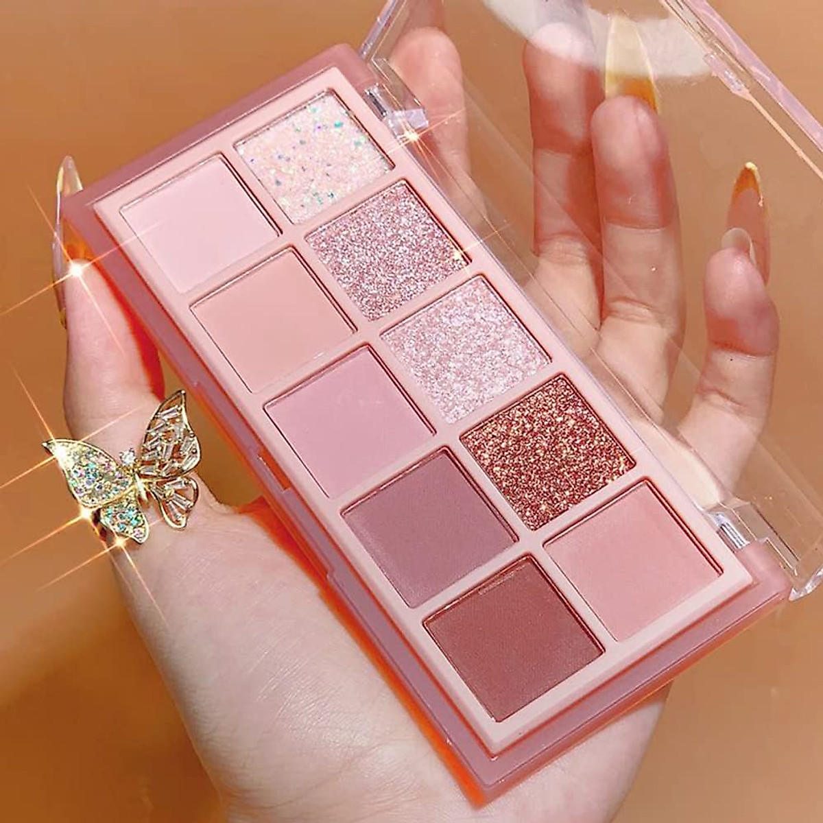 Erinde 10 Colors Eyeshadow Palette Makeup - Matte Shimmer Glitter Eye Shadow, Natural-Looking Korean Eye Makeup, Ultra-Blendable, High Pigmented, Pink Christmas Eyeshadow Palette with Brush, Rose Pink