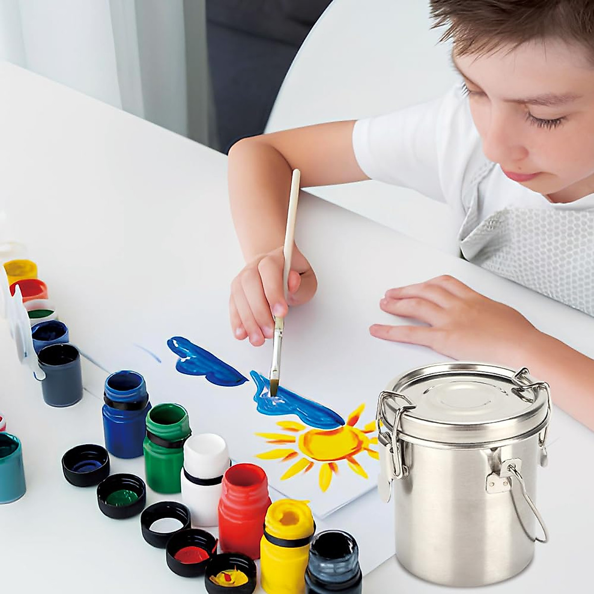 Leopacat Paint Brush Washing Bucket, Steel Leak Proof Washer Artist Cleaning Airtight Bucket with Removable Filter Screen Double Dipper Container for Student Painter Acrylic Oil Watercolor Painting