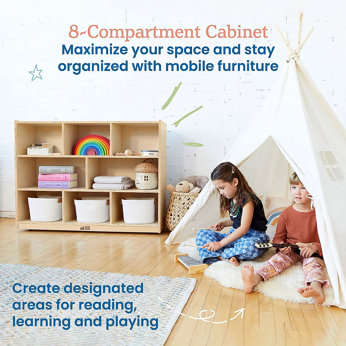 ECR4Kids 8-Compartment Mobile Storage Cabinet, 36in, Classroom Furniture, Natural