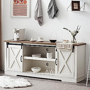 AMERLIFE 66" Farmhouse TV Stand for 75 Inches TVs, Entertainment Center with Sliding Barn Door and Adjustable Shelf & Feet, Console Table with Storage, Distressed White & Rustic