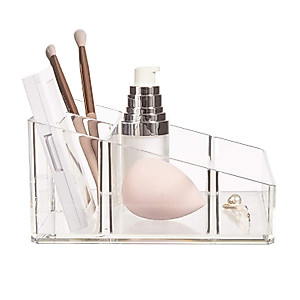 STORi Clear Plastic Vanity Makeup Organizer | Compact Rectangular 4-Compartment Holder for Brushes, Eyeshadow Palettes, & Beauty Supplies | Made in USA