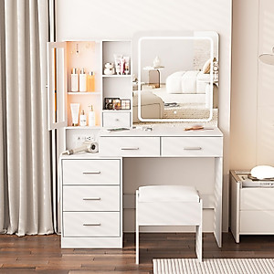 Fameill Makeup Vanity Desk with Mirror and Lights, White Vanity Table Set with Charging Station, Dressing Table with RGB Cabinet, Makeup Vanity Mirror with 5 Drawer, Hooks, Storage Shelves, Chair