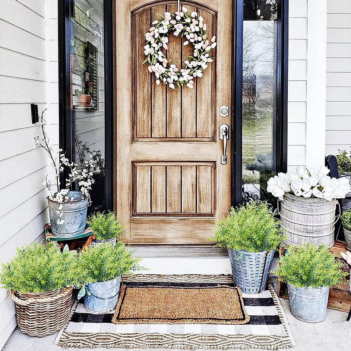 Dehoxara Artificial Boxwood 6 Bundles, Artificial Greenery Stems Fake Outdoor Plants UV Resistant No Fade Desk Plant for Home Office Bathroom Garden Porch Hanging Planter Window Box Decorating