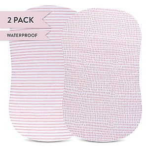 Ely's & Co. Patent Pending Waterproof Bassinet Sheet, No Need for Bassinet Mattress Pad Cover, 2 Pack Mauve Pink Splash & Stripes,for Baby Girl 32" 16"X3"
