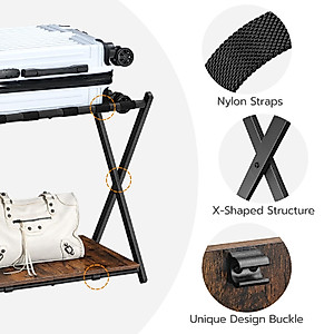 HOOBRO Folding Luggage Rack, Suitcase Stand Holder with Wooden Storage Shelf, Holds up to 110 lb, 27.2 x 15.7 x 24 Inches, for Guest Room, Bedroom, Closet, Hotel, Rustic Brown and Black BF68XL01G1