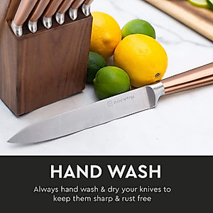 Copper Knife Set with Walnut Knife Block - Premium 13 PC Stainless Steel Knife Sets for Kitchen with Block - Rose Gold Knife Set With Block, Rose Gold Kitchen Accessories & Copper Kitchen Accessories