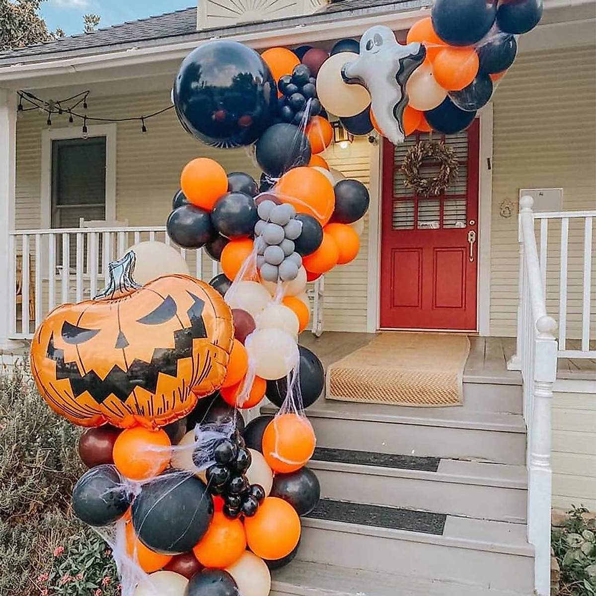 Halloween Balloon Arch Garland Kit 168pcs Large Pumpkin Orange Black White Sand Balloons 3D Bat Stickers for Halloween Party Decorations