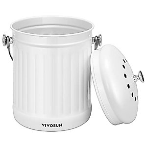 VIVOSUN Indoor Compost Bin, 1.3 Gallon Stainless Steel Compost Bucket with Lid for Kitchen Food Waste - Includes 2 Charcoal Filter, White