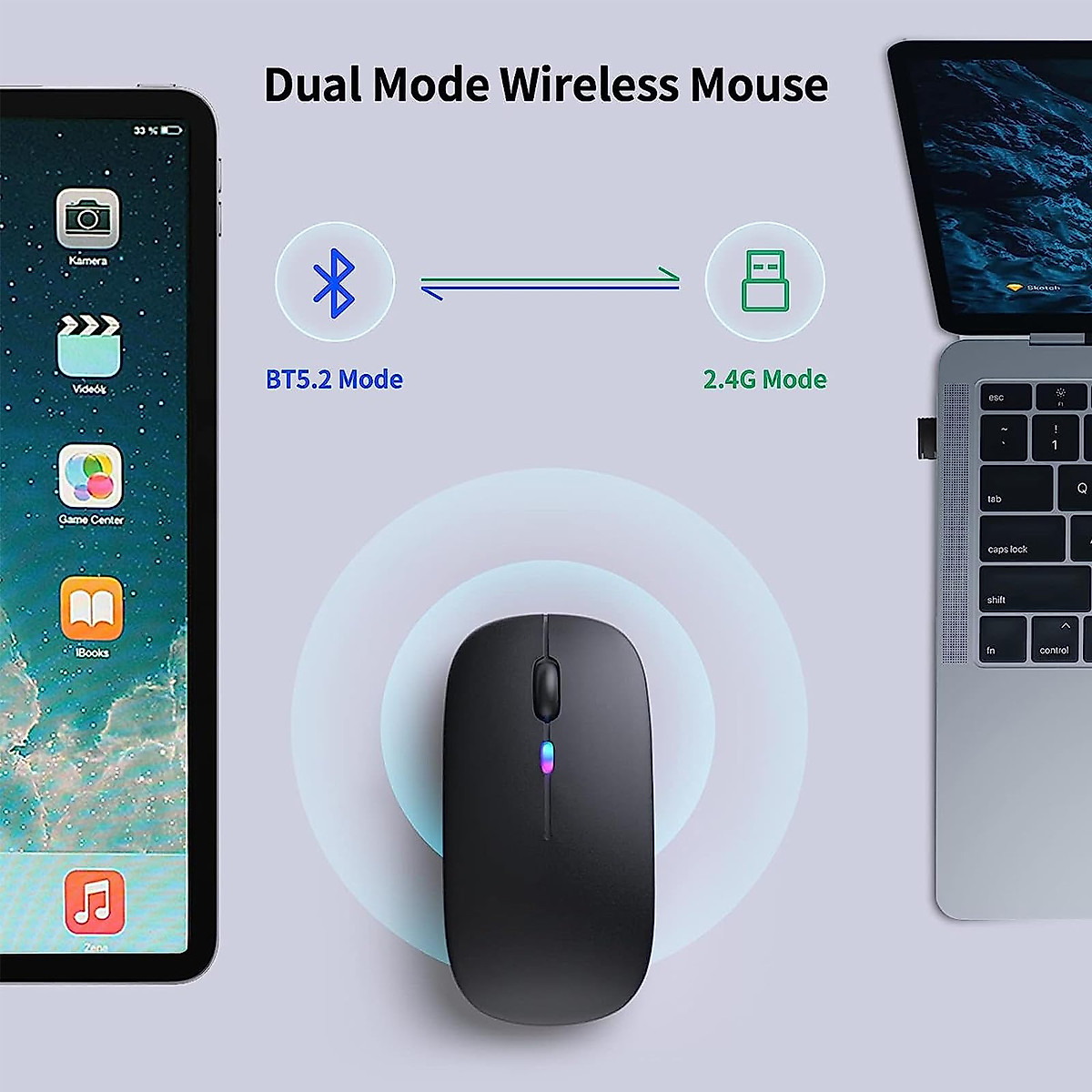Atrasee Dual Mode LED Wireless Bluetooth Mouse for Laptop, Slim Rechargeable RGB Computer Mice (USB 2.4G + Bluetooth 5.1), Ergonomic PC Gaming Mouse w/ 3 Adjustable DPI, for Laptop MacBook Pro, Black