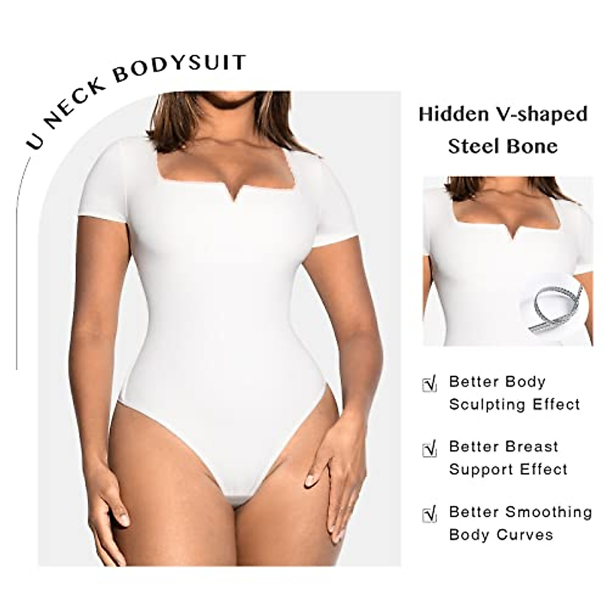 FeelinGirl Women's Body Thong Tummy Control Shapewear Short Sleeve Top Scoop / V Neck Leotards Suit, B-white-notch Neck, Medium