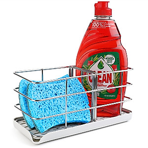 Damita Sponge Holder for Kitchen Sink, Stainless Steel Sink Caddy Organizer Rack, Brush Dish Soap Dispenser Bar Accessories Tray Drainer, with Drain Pan for Bathroom Countertop Storage