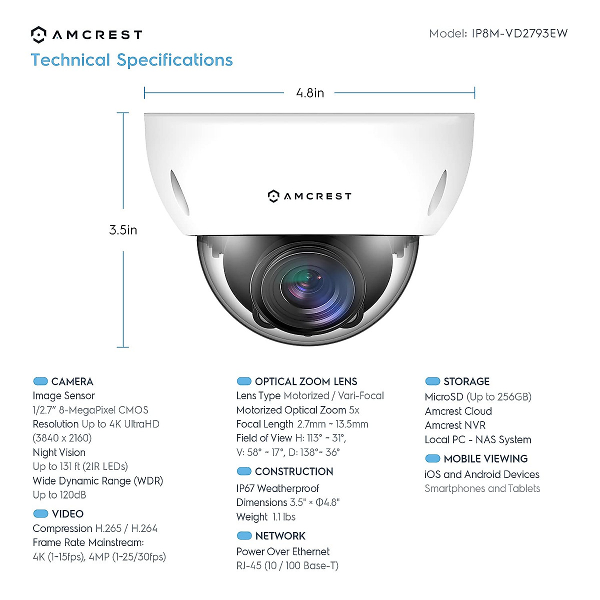 Amcrest 4K Optical Zoom IP Camera, Varifocal 8MP Outdoor POE Camera Dome, Security Camera, 2.7mm~13.5mm Lens, IP67 Weatherproof, IK10 Vandal Resistant, MicroSD Recording (IP8M-VD2793EW)