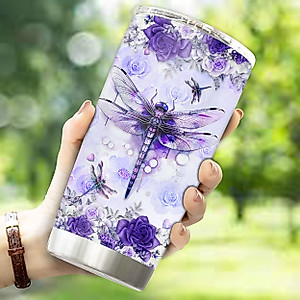 WONWIX Personalized Dragonfly Coffee Mug Cups Gifts For Women Unique Mom, Purple Dragonflies Water Bottle Mothers Day Birthday Christmas Valentine 20oz Stainless Steel Thermos Tumbler Cup With Lid