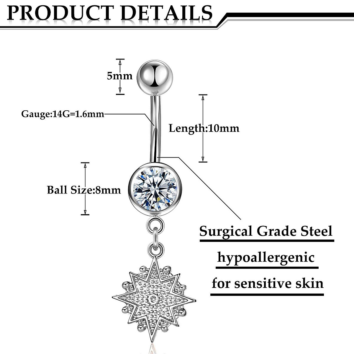 8 Pieces 14G Belly Button Rings Steel Long Dangle Navel Ring CZ Body Piercing Jewelry (Silver)