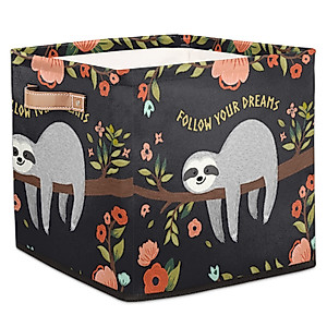 AUUXVA Follow Your Dream Quote Storage Basket for Closet, Cute Sloth Storage Bins with Handles, Foldable Storage Cube Boxes for Toys Shelves Pantry Nursery Organizing