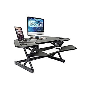 Rocelco 46" Height Adjustable Corner Standing Desk Converter, Quick Sit Standup Dual Monitor Riser, Gas Spring Assist Tabletop Computer Workstation, Large Keyboard Tray, (R CADRB-46), Black