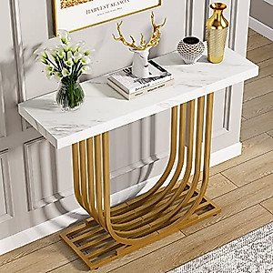 LITTLE TREE Entrway Top Modern Gold Console Table, Faux Marble White & Gold
