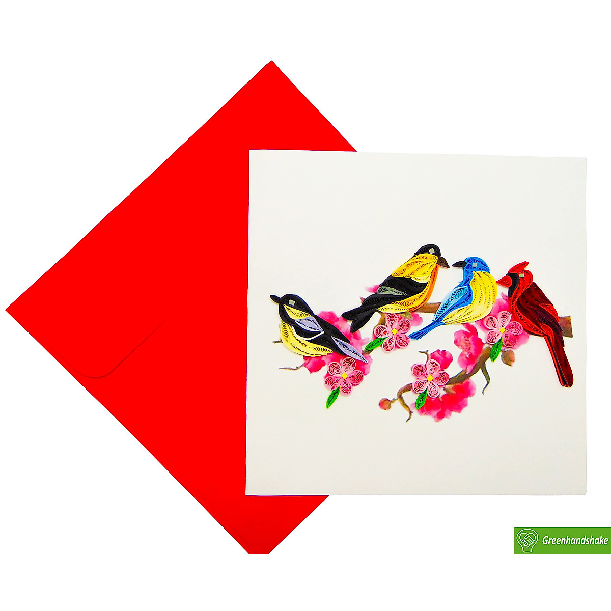 Four Colorful Birds sitting in a tree, Quilling Card 3D,Unique Dedicated Handmade, Design Greeting Card for Birthday, Valentine's Day, Mothers Day, Spring, Fathers Day, All Occasion,6"x6"