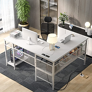 Unikito Magic Portable 4 Outlets L Shaped Desk, Reversible 55 Inch L-Shaped Computer Desk with Storage Shelf and USB Charging Port, Unique Grid Design, Large Gaming Corner Table for Home Office, White