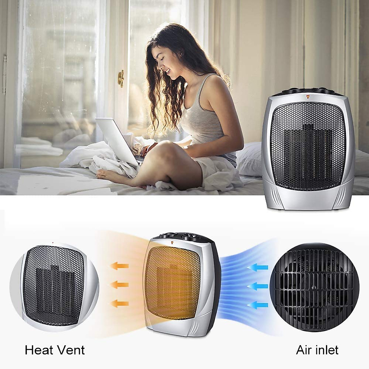 Kismile Small Space Heater Electric Portable Heater Fan for Home and Office Ceramic Fan Heaters with Adjustable Thermostat, 750W/1500W (8.1 Inch, Black)