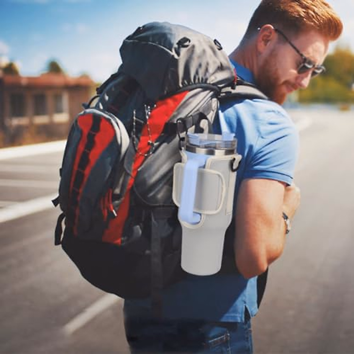 Tzou 40OZ Bottle Pouch Holder with Adjustable Shoulder StrapNeoprene Water Bottle Holder for Hiking Travelling Camping Polyester Light Gray