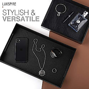 Luxspire Valet Tray with Handles, 15"Large PU Decorative Ottoman Serving Tray, Coffee Table Tray, Catchall Tray Countertop Storage, Mens Vanity Tray for Jewelry Key Cologne Nightstand Organizer, Black