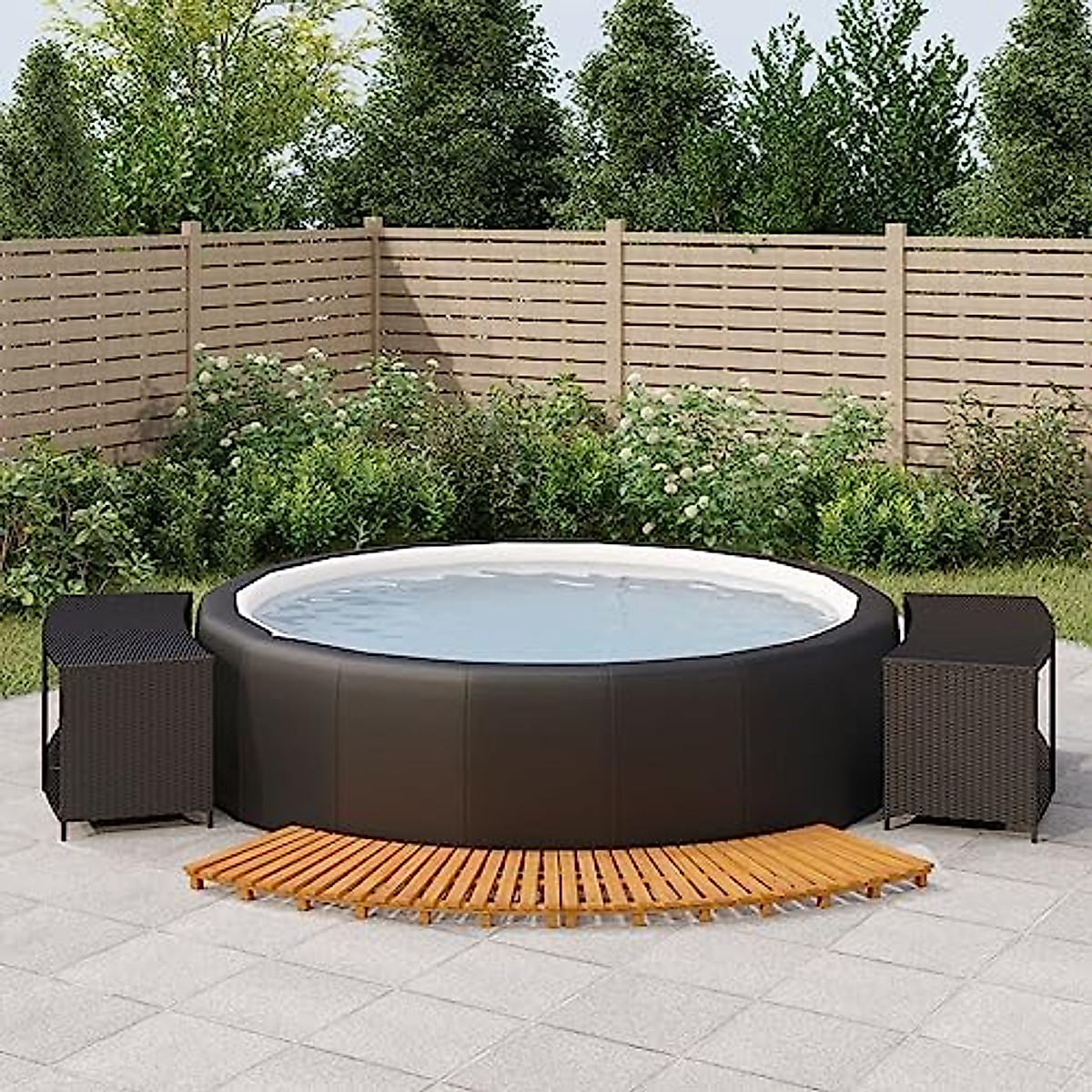 GOLINPEILO Spa Surround Black Poly Rattan and Solid Wood Acacia, Poly Rattan Outdoor Massage Hot Tub Frame with 2 Storage Shelf and 2 Spa Step, Patio Outdoor Hot Tub Surround, -9972