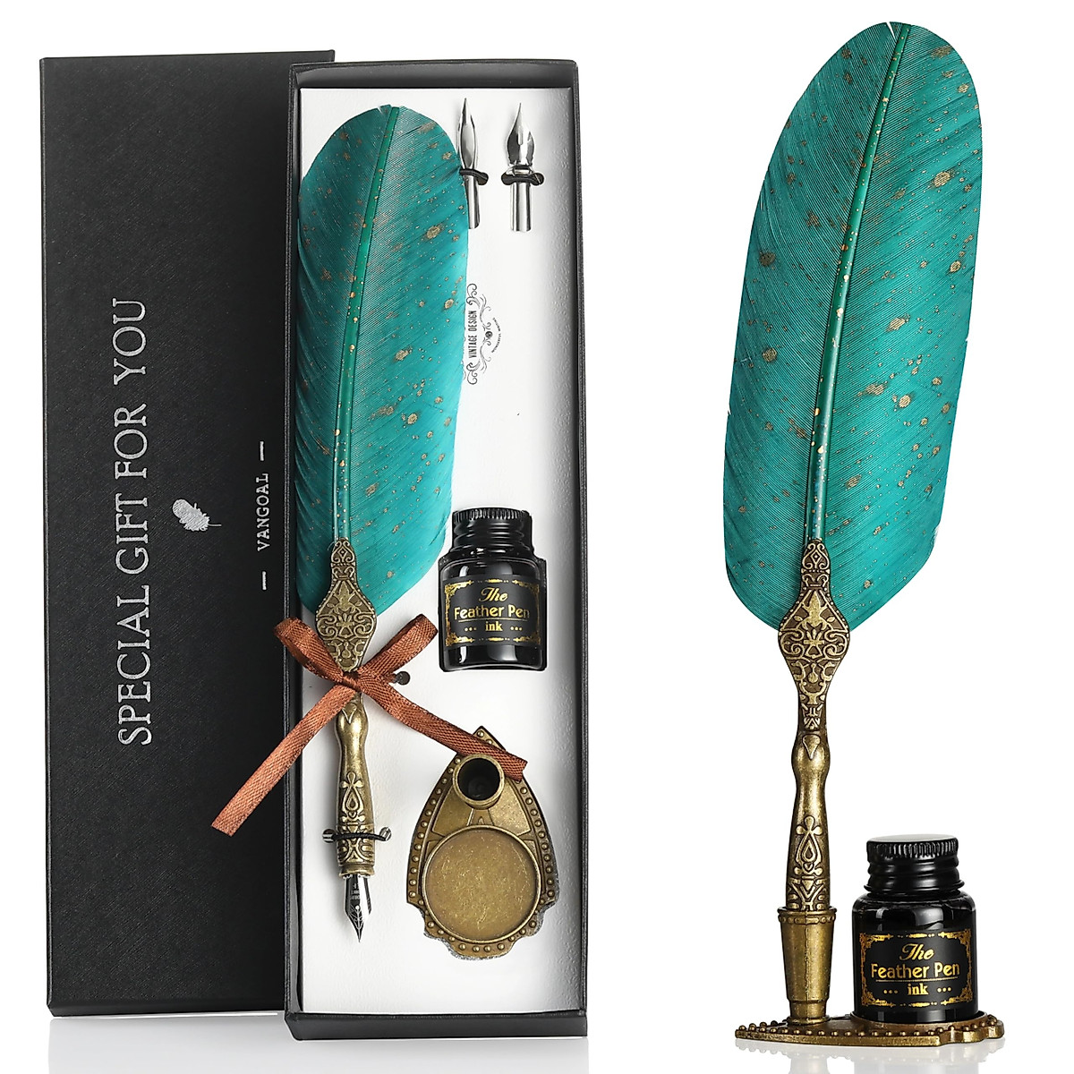 VANGOAL Feather Pen and Ink Set, Glittering Quill Pen Set Antique Calligraphy Dip Pen with Ink, 2 Replacement Nibs, Pen Stand Base, Luxury Vintage Signature Pen (Green)