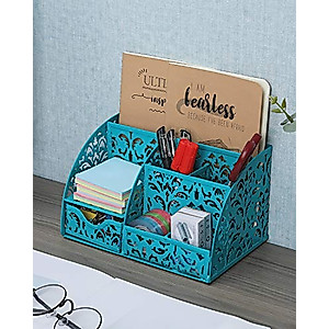 EasyPAG Desk Organizer Caddy with 6 Compartments and 1 Sliding Drawer Desktop Accessories Office Supplies Holder for Home School Classroom,Dark Teal