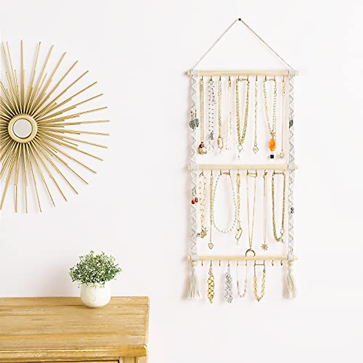 Dahey Hanging Jewelry Organizer Macrame Necklace Holder with 30 Hooks Wall Mounted Jewelry Hanger Over Door Necklace Rack with Tassel for Necklaces Bracelet Earrings Display Headband Bow Organizer