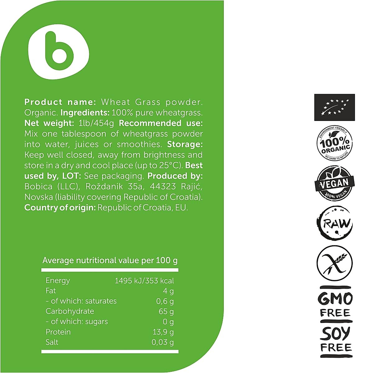 b Organic Wheatgrass Powder, for Detox & Immunity Support, Superfood, Vegan, Rich in Fibers, Chlorophyll, Minerals, Gluten-Free, Raw, 1lb