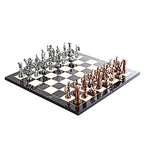 Historical Antique Copper Rome Figures Metal Chess Set for Adults, Handmade Pieces and Marble Design Wood Chess Board King 4 inc