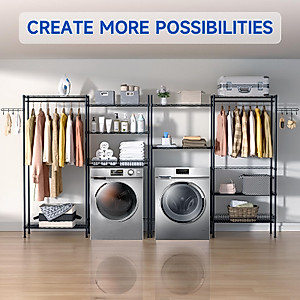 Over the Washer and Dryer Storage Shelf, Height Adjustable Laundry Room Organization Shelf, Clothes Drying Rack for Laundry Room Organization and Storage with Wire Basket, Hanging Rods and Side Hooks