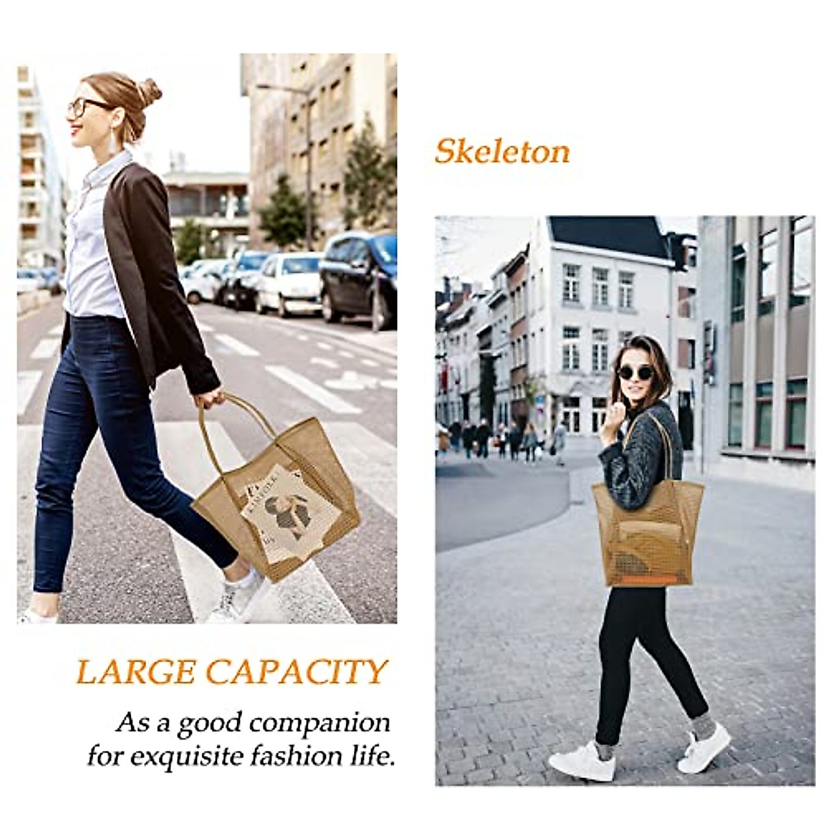 Felomdep Large Mesh Beach Tote Bag for Women，Shoulder Bag, Nylon Pool Bag, Hobo Bag for Beach Travel Shopping,Brown