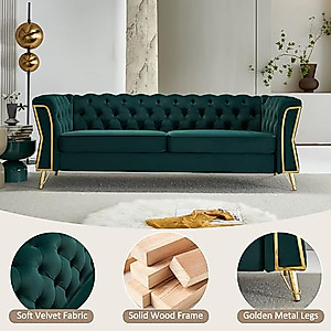 Tmsan 87.4" Velvet Sofa Couch, Mid-Century Modern Chesterfield Loveseat Classic Button Tufted 2 Seater Couch with Golden Legs for Living Room Office Bedroom (Emerald)