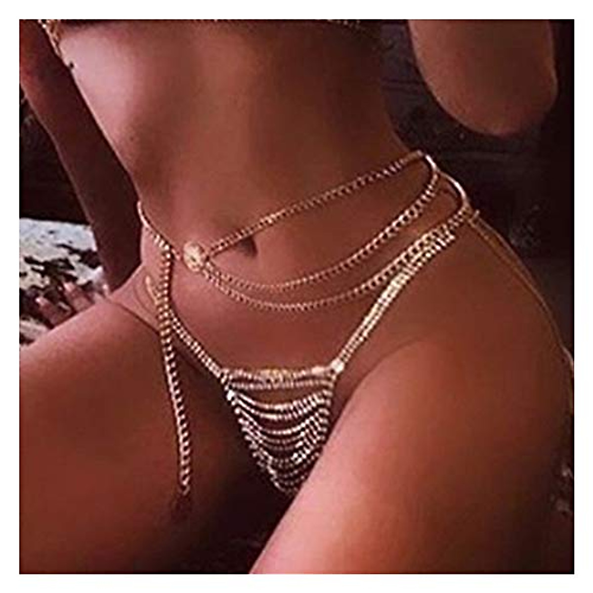 Sexy Rhinstone Underwear Thong Panties Crystal Body Chain Jewelry Bikini Crystal Belly Waist Body Chain For Women (Gold)