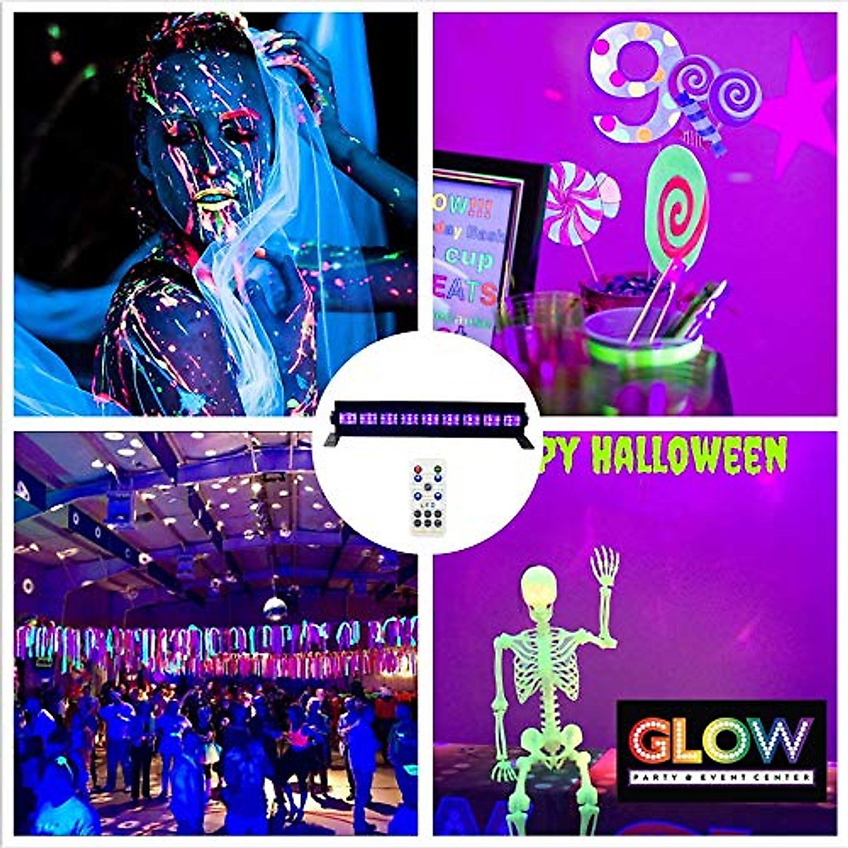60 ft-Remote UV Black Light for Parties, JLPOW Super Bright 27W Dimmable Sound Activated Black Lights, DMX Control 9 LED UV Bar Blacklight,Best for Glow Dance Party Birthday Wedding DJ Stage Lighting