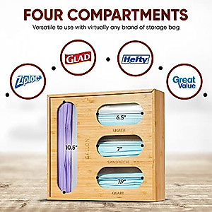 HidzBasics Ziplock Bag Organizer – Bamboo Ziplock Bag Storage Organizer for Gallon, Quart, Sandwich, and Snack Size Food Bags – Baggie Organizer for Kitchen Drawer and Pantry – Wooden Slider Lid
