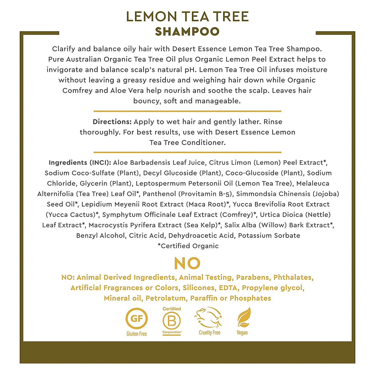 Desert Essence Lemon Tea Tree Shampoo - 8 Fl Ounce - Removes Excess Oil - Revitalizes Scalp - Strengthens & Protects Hair - Maca Root Extract - Soft, Smooth & More Manageable