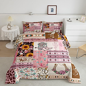 Erosebridal Western Bedding Pink Cowgirl Twin Comforter Set for Toddler Girls Cow Print Bedding Comforter Sets, Boho Cow Fur Western Style Duvet Set Farmhouse Horseshoe Pattern Quilt 2 Pieces