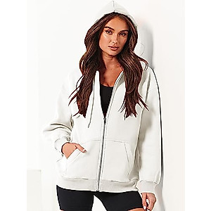 Prinbara Hoodies Jacket Coat for Women Long Sleeve Oversized Zip Up Fleece Sweatshirt Comfy Fall Clothes Y2K Trendy Top 9PA89-baise-L White