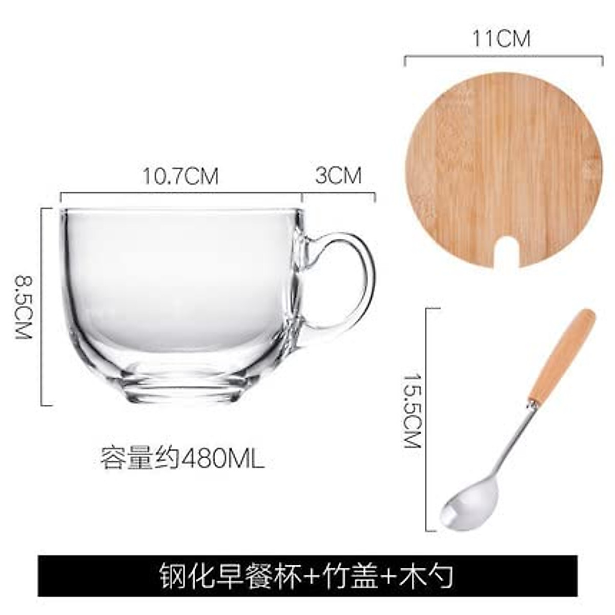 Aoderun Large Glass Coffee Mugs Set of 3 15oz Ins Style Glass Cups with Lids Spoon, for Cappuccino, Coffee Latte Cereal Ice Cream Mike Dishwasher and Microwave Safe (Premium Tempered Glass)