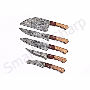 Custom Handmade Damascus Chef Knives Set/Kitchen Knives 5 Pieces Set SS-17210 and 17211 Poplar Wood (Poplar Wood)