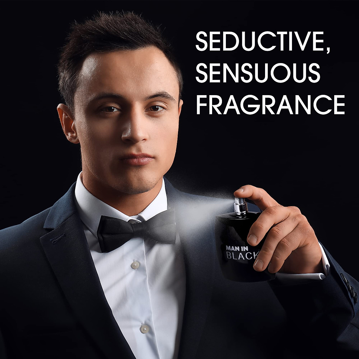 NovoGlow Man in Black for Men - Luxurious Aroma in Each 3.4 fl Oz Black Glass Bottle - Top Notes of Bergamot and Pineapple Formulated with Essential Oils - Fantastic Gift Choice - Grey Suede Pouch