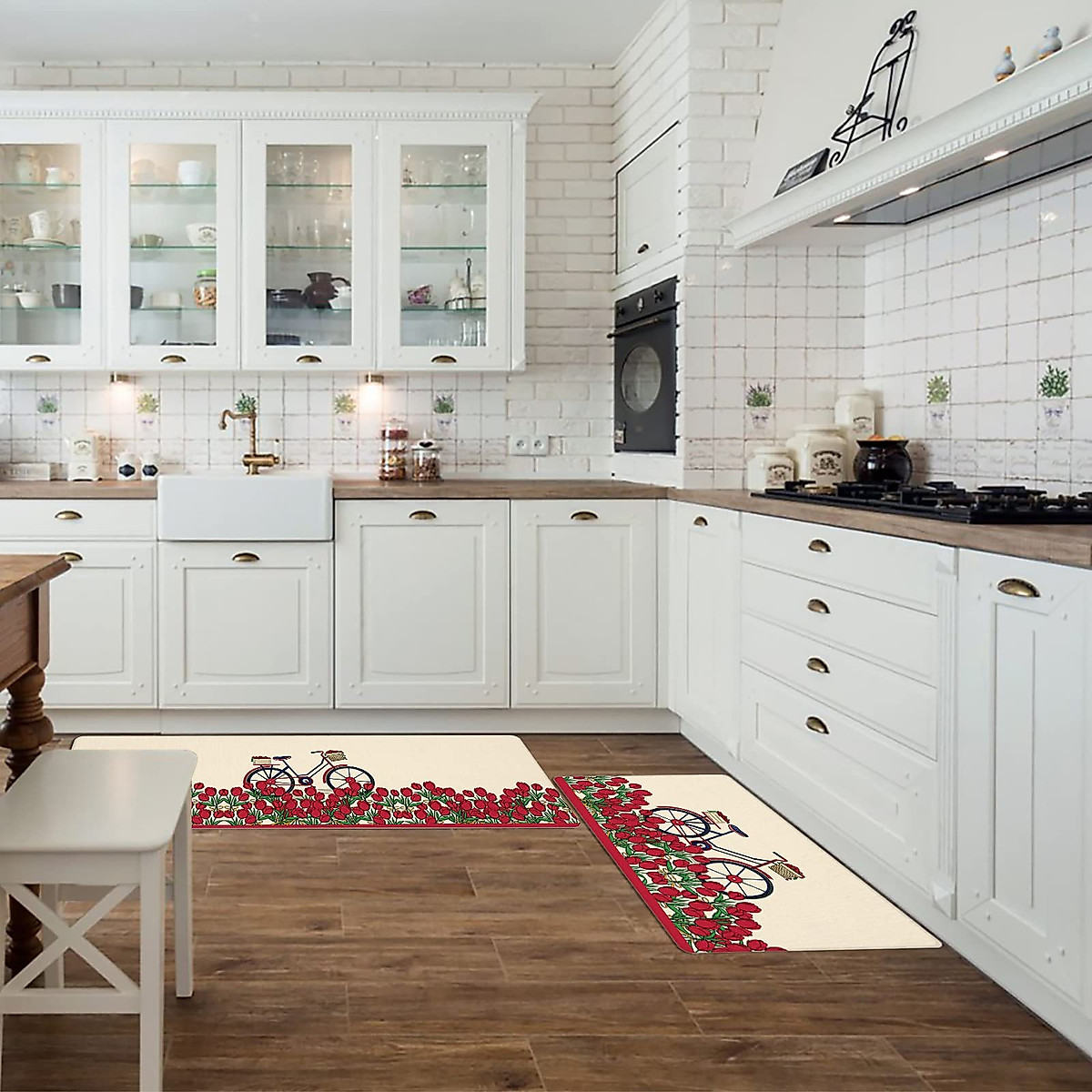 Libaoge Full of Love Bicycles and Red Rose Flower Floral Kitchen Mat Rug Set of 2 Runner Rug Anti-Fatigue Comfort Memory Foam Standing Mat Non-Slip Floor Door Mat for Bathroom Bedroom 18x30in+18x60in