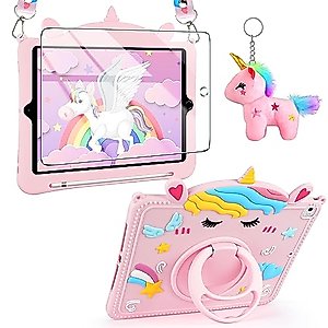 VOFUOE for iPad 6th 5th Generation Case, iPad 9.7 Case with Screen Protector Dolls Straps Stand Pencil Holder,Soft Silicone Cover Kids for iPad Pro 2016/iPad Air 2th,iPad 6th/5th 9.7'' 2018 2017-Pink