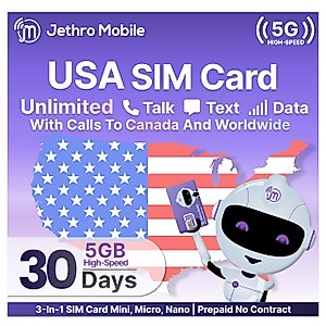 Jethro Mobile USA SIM Card, 5GB High-Speed Data, Unlimited Talk & Text, Hotspot & Tethering, International Calling to Canada, Mexico & 80+ Countries, Prepaid No Contract (30 Days)